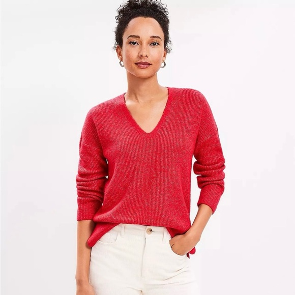 LOFT | Sweaters | Nwt Loft Bright Red Ribbed Vneck Long Sleeve Sweater ...